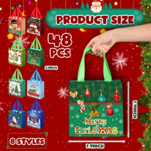 Sweetude 48 Pcs Christmas Gift Bags Reusable Small Christmas Tote Bags with Handle Non-Woven Holiday Goodie Bags Xmas Party Favor Bags for Xmas Party Supplies, 7.8 x 7.8 x 3.5 Inch