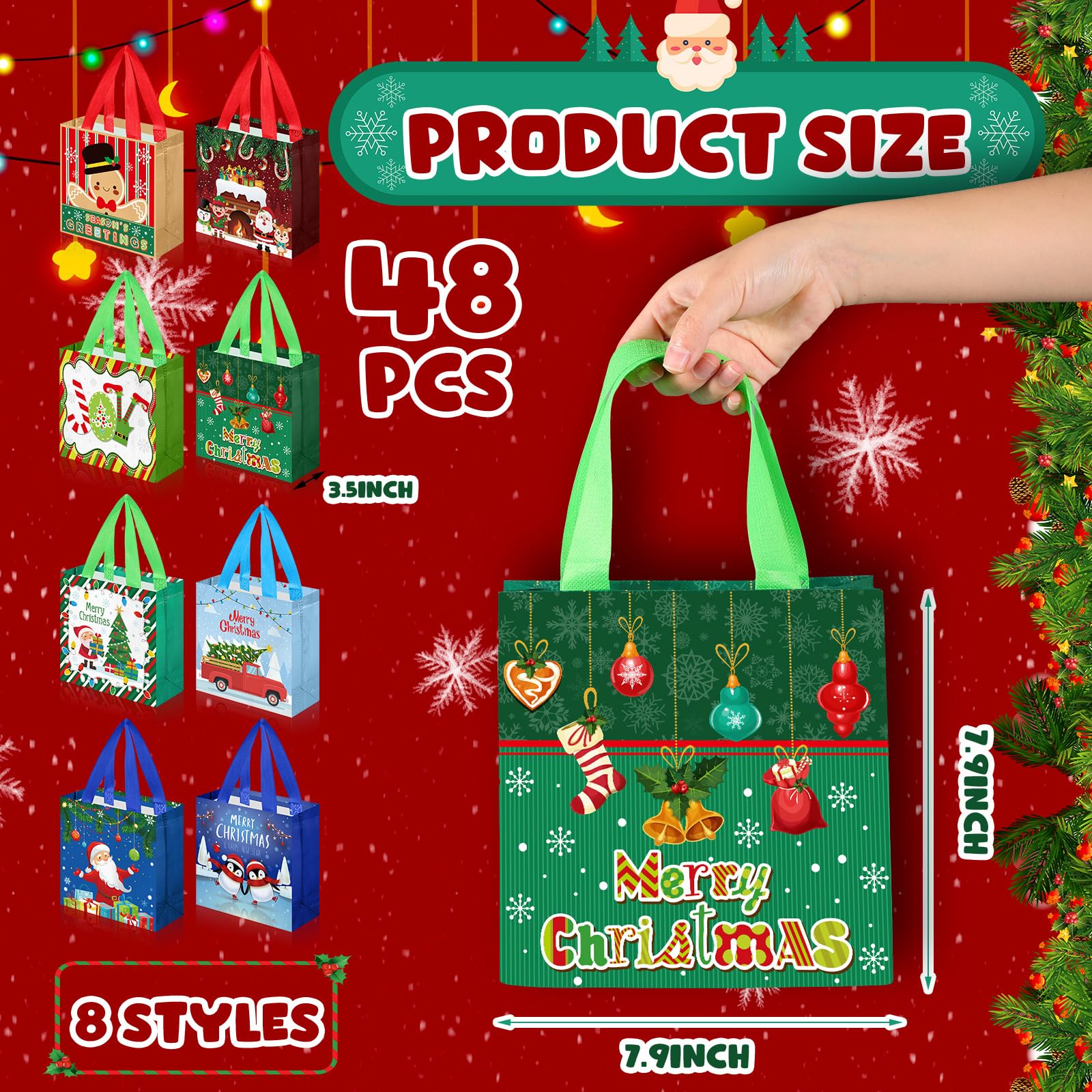 Sweetude 48 Pcs Christmas Gift Bags Reusable Small Christmas Tote Bags with Handle Non-Woven Holiday Goodie Bags Xmas Party Favor Bags for Xmas Party Supplies, 7.8 x 7.8 x 3.5 Inch