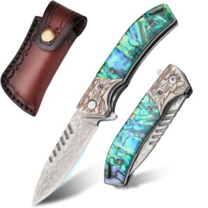 cottonbell damascus pocket knife for men women, unique abalone seashells handle folding knives,edc knife survival knife with safety liner lock