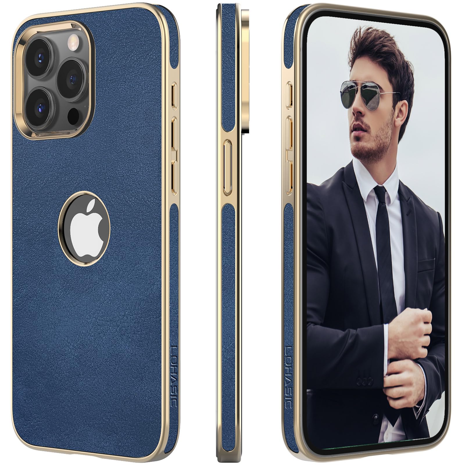 LOHASIC Leather Cases for iPhone 15 Pro Max, Luxury PU Phone Cover with Logo Cutout, Thin High-end Designer Soft Non-Slip Grip Men Cases for iPhone 15 Pro Max(2023) 6.7" 5G - Blue