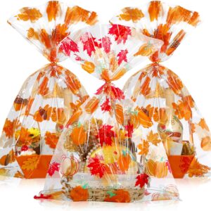 cholemy 30 pcs thanksgiving large cellophane gift basket bags 19.7" x 27.6" fall gift bags bulk jumbo fall plastic gift wrap bags with 100 twist ties pumpkin leaf acorn goody bags for dolls presents