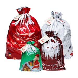 christmas gift bags assorted sizes - 20pcs drawstring christmas bags for presents, christmas wrapping bags bulk, plastic xmas favor bags, 4 designs (5 of each) extra large/big/medium/small sizes