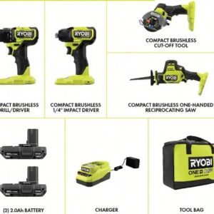 RYOBI ONE+ HP 18V Brushless Cordless Compact 4-Tool Combo Kit with (2) 2.0 Ah Batteries, Charger, and Bag