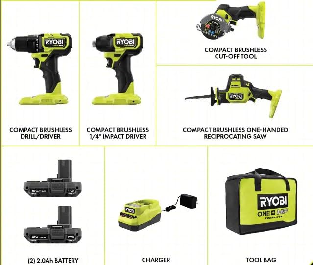 RYOBI ONE+ HP 18V Brushless Cordless Compact 4-Tool Combo Kit with (2) 2.0 Ah Batteries, Charger, and Bag