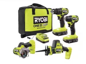 ryobi one+ hp 18v brushless cordless compact 4-tool combo kit with (2) 2.0 ah batteries, charger, and bag