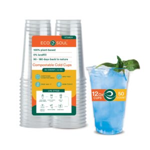 eco soul 100% clear compostable party cups | (50 count, 12 oz) | disposable | biodegradable | plant based eco-friendly alternative to paper & plastic cups | bpi certified | for weddings & gatherings