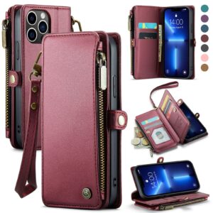 defencase for iphone 13 pro case, rfid blocking for iphone 13 pro wallet case for women men with card holder, zipper magnetic flip pu leather protective cover for iphone 13 pro phone case, wine red