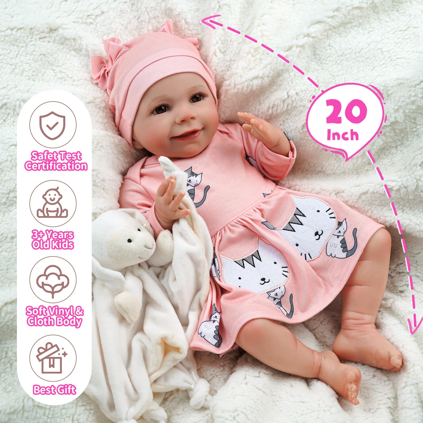 BABESIDE Lifelike Reborn Baby Dolls - 20Inch Soft Vinyl Handmade Realistic Baby Dolls Adorable Smiling Lifelike Newborn Dolls for Girls, Safe for Kids Age 3+