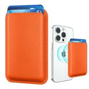 amzone magsafe cell phone card holder for iphone 15 series, stronger magnetic rfid leather phone wallet stick on series of iphone 14/13/12 and pro/promax, orange