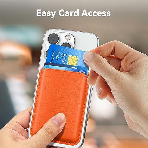 Amzone Magsafe Cell Phone Card Holder for iPhone 15 Series, Stronger Magnetic RFID Leather Phone Wallet Stick on Series of iPhone 14/13/12 and Pro/Promax, Orange