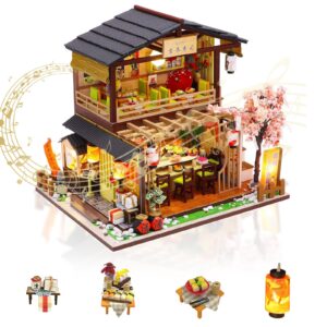 diy miniature dollhouse kit, japanese tiny house model with music box, led light, dust proof cover, 3d wooden puzzle for adults, creative handmade crafts home decor hobby birthday gift (sushi shop)