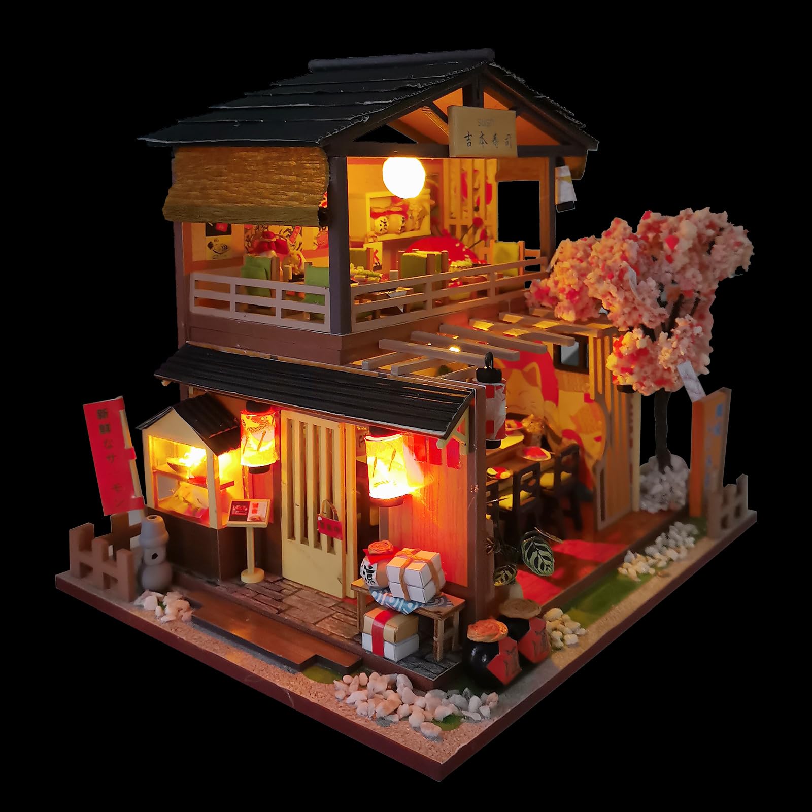 DIY Miniature Dollhouse Kit, Japanese Tiny House Model with Music Box, LED Light, Dust Proof Cover, 3D Wooden Puzzle for Adults, Creative Handmade Crafts Home Decor Hobby Birthday Gift (Sushi Shop)