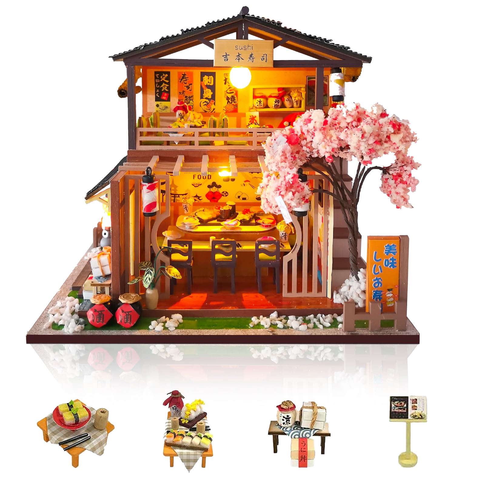 DIY Miniature Dollhouse Kit, Japanese Tiny House Model with Music Box, LED Light, Dust Proof Cover, 3D Wooden Puzzle for Adults, Creative Handmade Crafts Home Decor Hobby Birthday Gift (Sushi Shop)