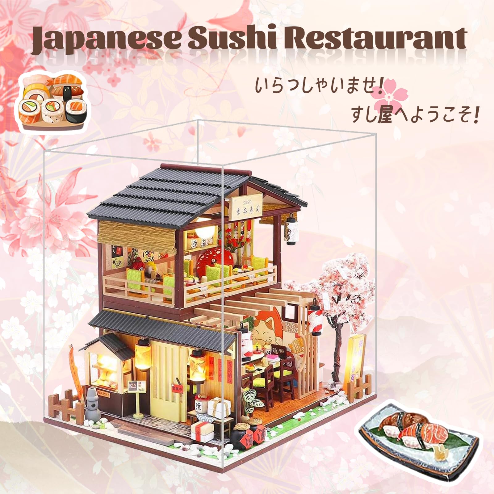 DIY Miniature Dollhouse Kit, Japanese Tiny House Model with Music Box, LED Light, Dust Proof Cover, 3D Wooden Puzzle for Adults, Creative Handmade Crafts Home Decor Hobby Birthday Gift (Sushi Shop)