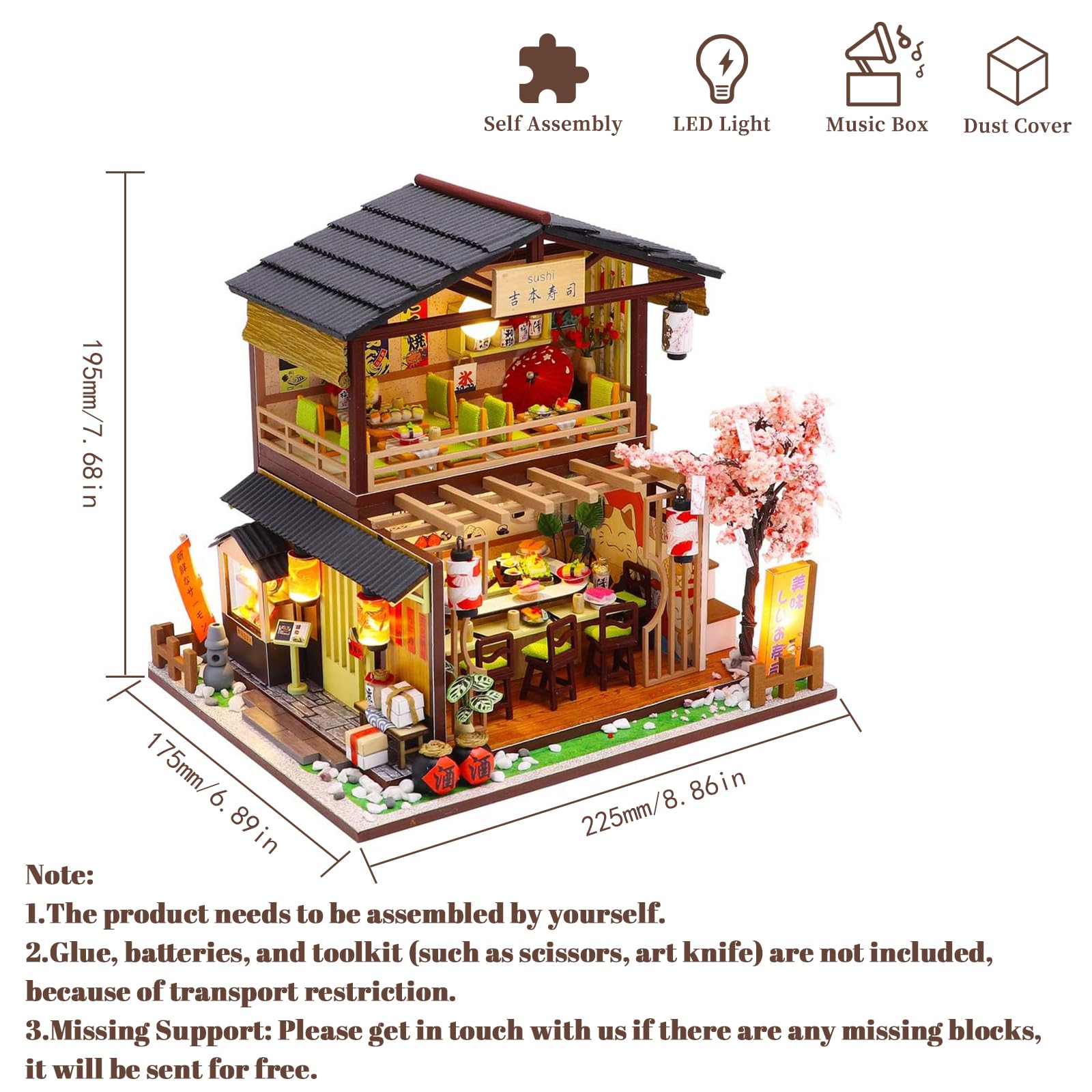 DIY Miniature Dollhouse Kit, Japanese Tiny House Model with Music Box, LED Light, Dust Proof Cover, 3D Wooden Puzzle for Adults, Creative Handmade Crafts Home Decor Hobby Birthday Gift (Sushi Shop)