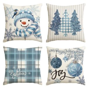 avoin colorlife winter snowman joy snowflake christmas throw pillow covers, 18 x 18 inch xmas tree winter holiday buffalo plaid cushion case decoration for sofa couch set of 4