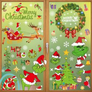 famygft grinch window clings,double sided elf snowflake merry christmas window cling glass window holiday xmas winter window sticker decal christmas decor glass door car mirror home office classroom