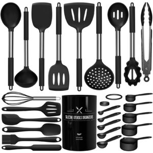 silicone kitchen utensils set, umite chef large heat resistant cooking utensil, 26pcs silicone spatulas set, stainless steel handle, black kitchen gadgets tools set for nonstick cookware