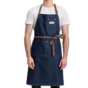 rotanet denim work apron with 3 pockets jean shop aprons for chef hairstylist kitchen woodworking for men women blue