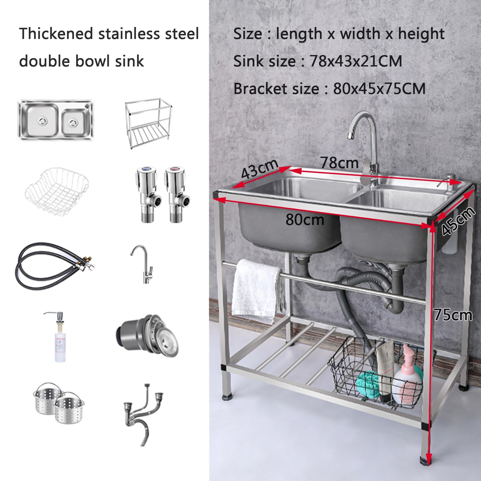 Outdoor Kitchen Sink Station,Stainless Steel Utility Sink,Portable Hand Washing Sink,Double Bowl Freestanding Commercial Laundry Sink with Faucet,for Restaurant,Bar,Camping,Garage,Workshop,Indoor ( Si