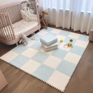 12 x 12 x 0.4in plush square foam interlocking floor tiles mat shaggy foam puzzle play area rugs easy to put together anti-slip carpet mat for home playroom floor(size:28pcs,color:white+blue)