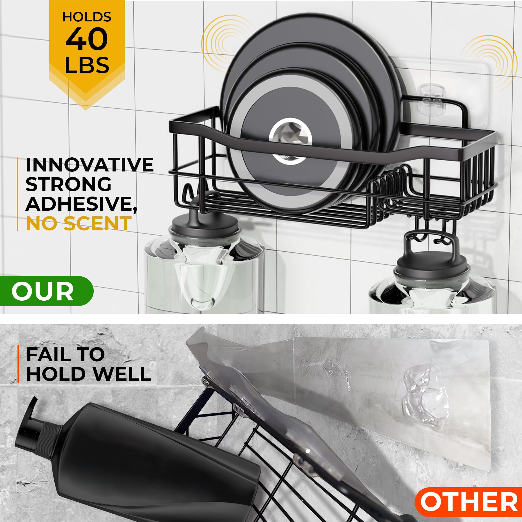 MAYRO Shower Shelves 6 Pack - Rustproof Shower Caddy - Easy to Install - Self Adhesive Bathroom Shower Organizer - Durable Shower Shelf for Inside Shower - Large Capacity Black Shower Rack