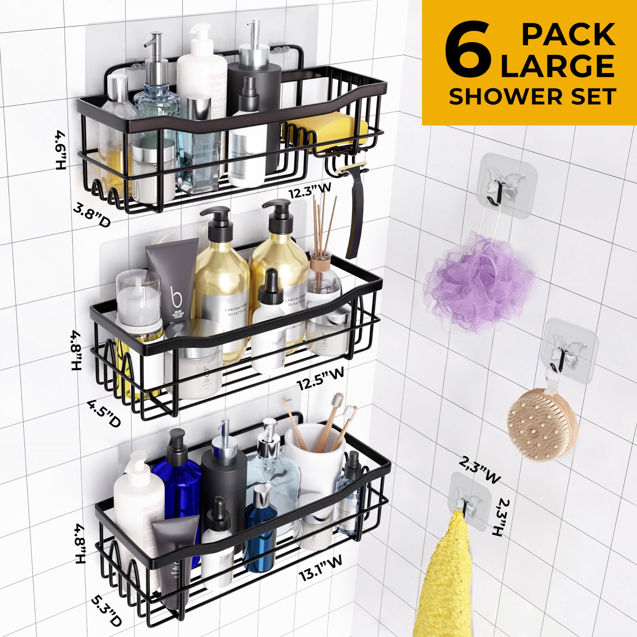 MAYRO Shower Shelves 6 Pack - Rustproof Shower Caddy - Easy to Install - Self Adhesive Bathroom Shower Organizer - Durable Shower Shelf for Inside Shower - Large Capacity Black Shower Rack