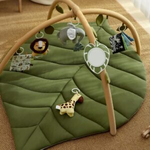 Blissful Diary Baby Play Gym & Activity Mat, Oversize Leaf Shaped Baby Play Mat w 6 Detachable Toys, Tummy Time Mat Promote Motor Skills & Sensory Development Mat, Newborn Infant Baby Essentials Gift