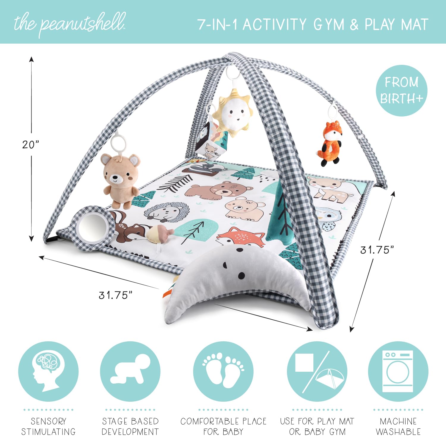 The Peanutshell 7 in 1 Baby Play Gym, Activity Center and Tummy Time Mat, Woodland Animals