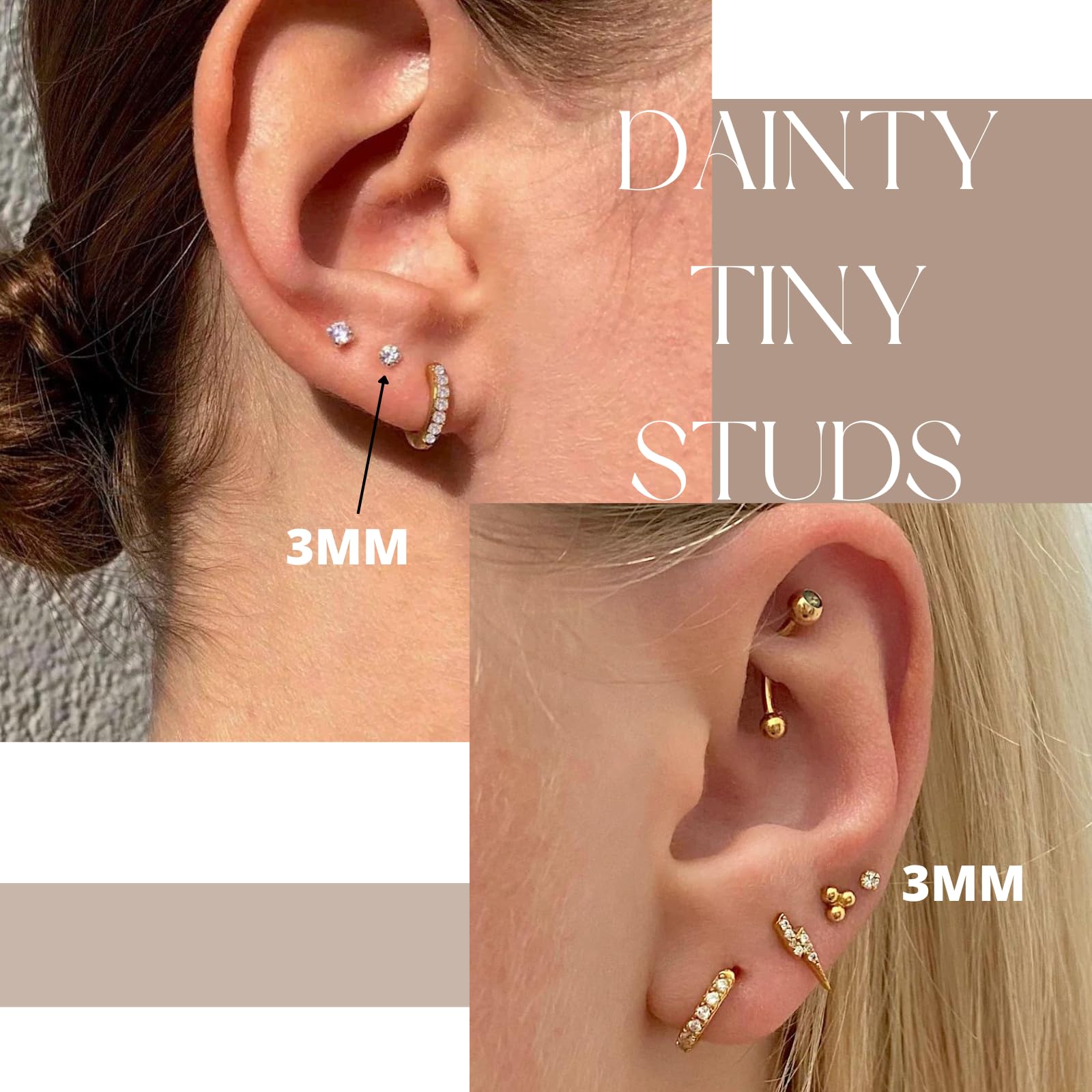 Tiny 3mm CZ Stud Flat Back Earrings for Women 14k Gold | Cartilage Earring Helix Tragus Conch Piercing Jewelry | Screw Back Gold Stud Earrings for Women