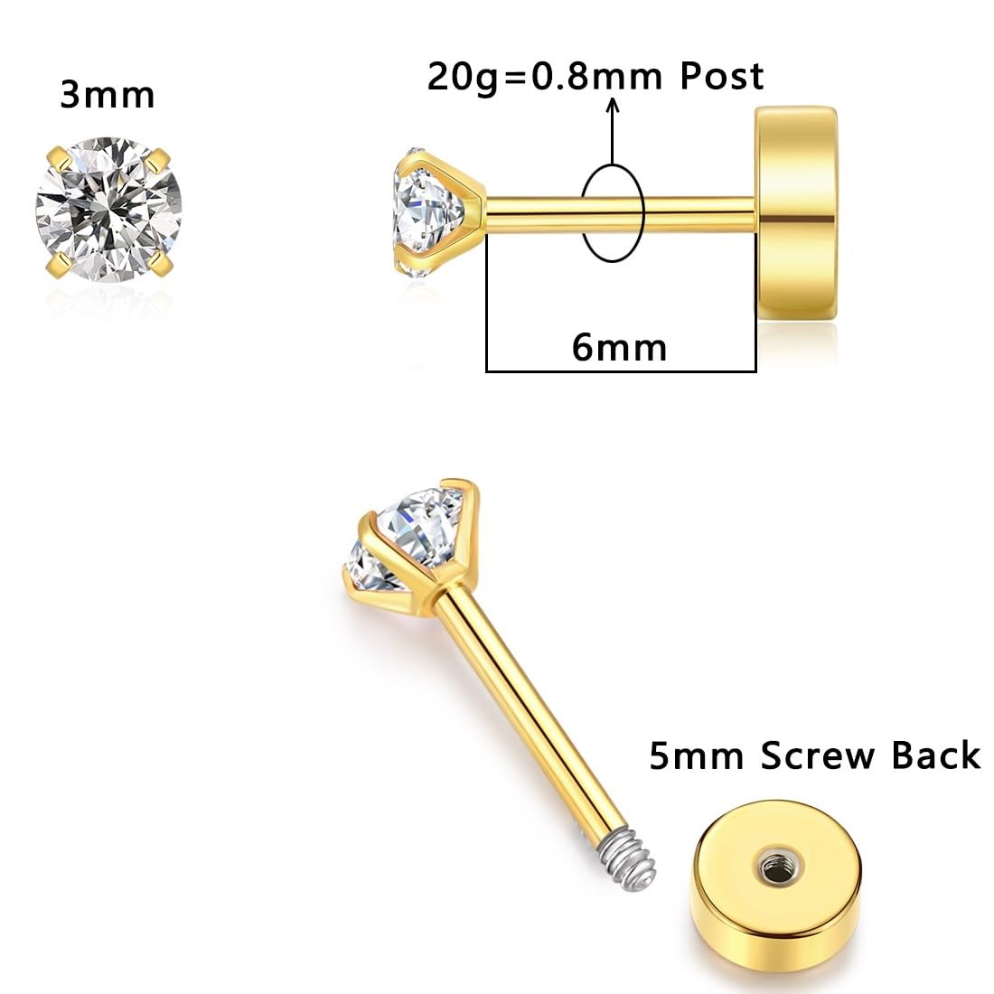 Tiny 3mm CZ Stud Flat Back Earrings for Women 14k Gold | Cartilage Earring Helix Tragus Conch Piercing Jewelry | Screw Back Gold Stud Earrings for Women