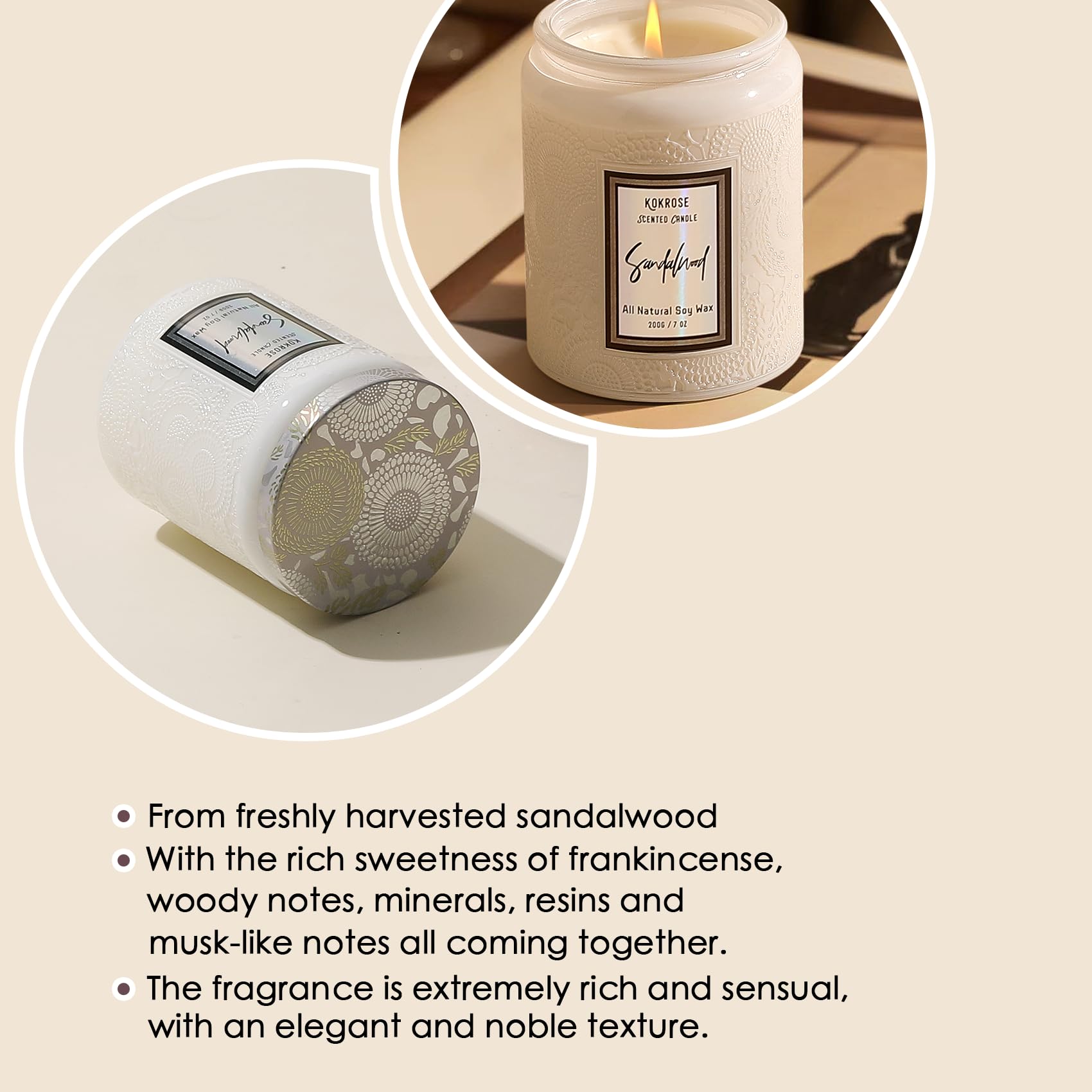 Sandalwood Aromatherapy Candles,100% Natural Soy Sandalwood Pretty Candle for Women, Stress Relief Candle, Sandalwood Candle for Bedroom, Bathroom