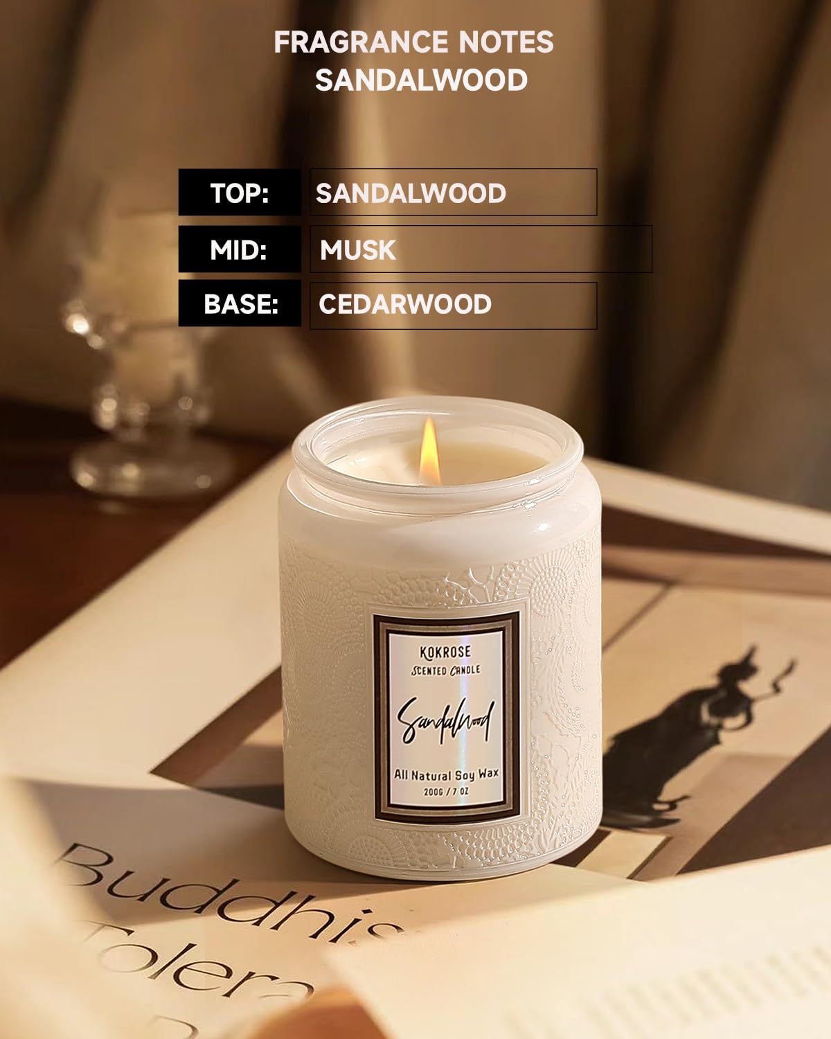 Sandalwood Aromatherapy Candles,100% Natural Soy Sandalwood Pretty Candle for Women, Stress Relief Candle, Sandalwood Candle for Bedroom, Bathroom