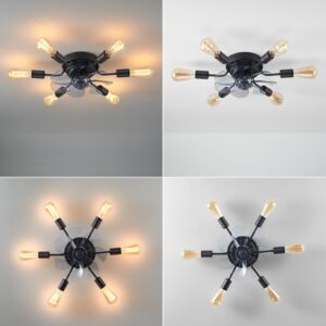 SIJINCHEN Modern Ceiling Fans with Lights Remote Control, Black Industrial Ceiling Fan with Dimmable Light, Low Profile Semi Flush Mount Ceiling Fan for Kitchen Bedroom Living Room, 6 light E26 Base