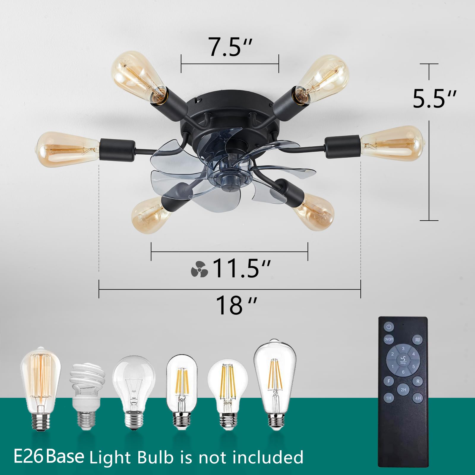 SIJINCHEN Modern Ceiling Fans with Lights Remote Control, Black Industrial Ceiling Fan with Dimmable Light, Low Profile Semi Flush Mount Ceiling Fan for Kitchen Bedroom Living Room, 6 light E26 Base