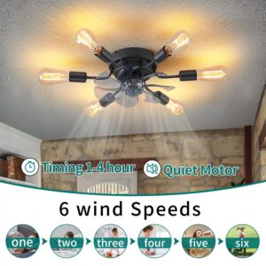 SIJINCHEN Modern Ceiling Fans with Lights Remote Control, Black Industrial Ceiling Fan with Dimmable Light, Low Profile Semi Flush Mount Ceiling Fan for Kitchen Bedroom Living Room, 6 light E26 Base