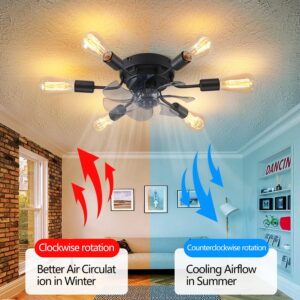 SIJINCHEN Modern Ceiling Fans with Lights Remote Control, Black Industrial Ceiling Fan with Dimmable Light, Low Profile Semi Flush Mount Ceiling Fan for Kitchen Bedroom Living Room, 6 light E26 Base