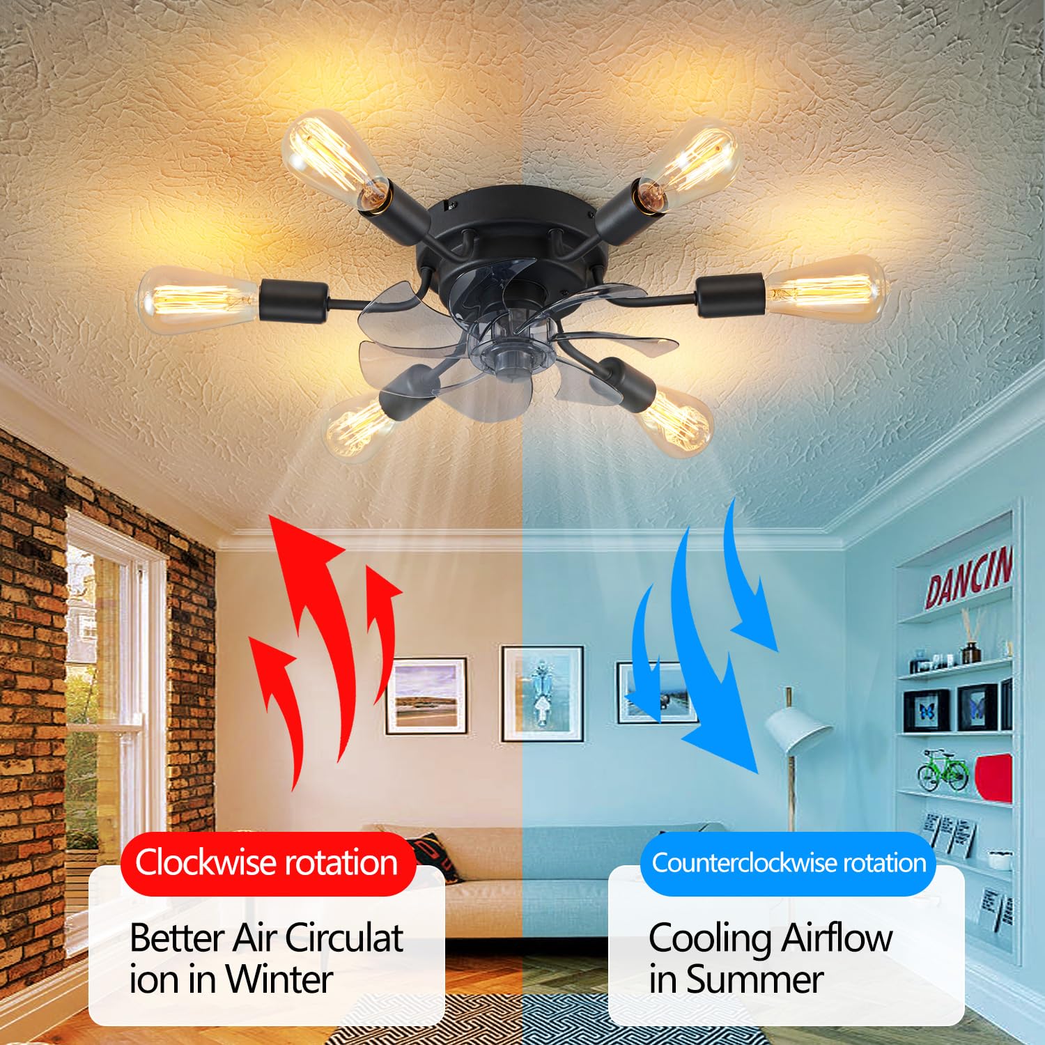 SIJINCHEN Modern Ceiling Fans with Lights Remote Control, Black Industrial Ceiling Fan with Dimmable Light, Low Profile Semi Flush Mount Ceiling Fan for Kitchen Bedroom Living Room, 6 light E26 Base