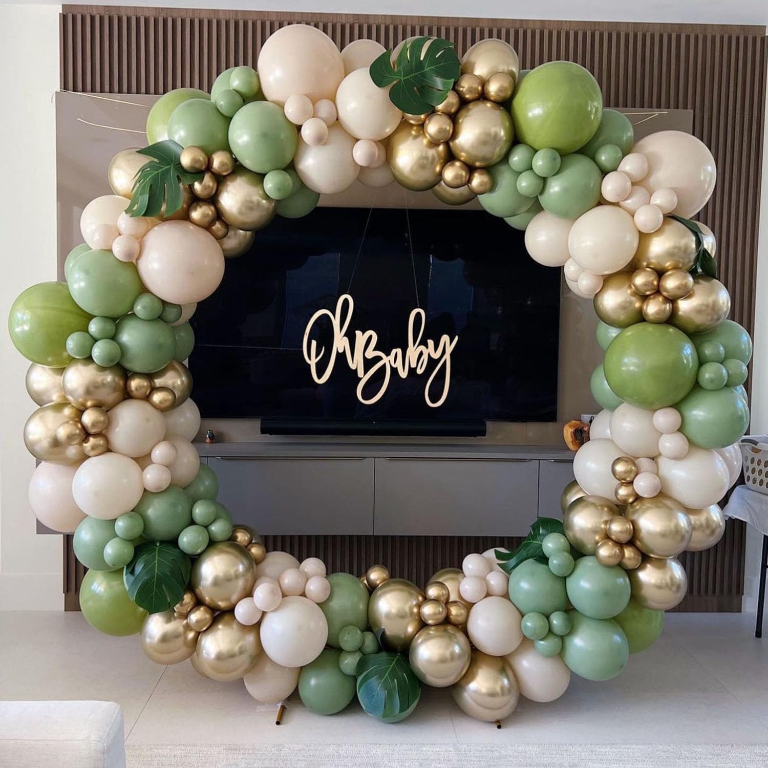 VitaCraft Sage Green Balloon Garland Arch Kit - 143Pcs Retro Green White Sand and Gold Metallic Chrome Latex Balloons Set for Oh Baby Shower Jungle Safari Party Baptism Wedding Birthday Decorations