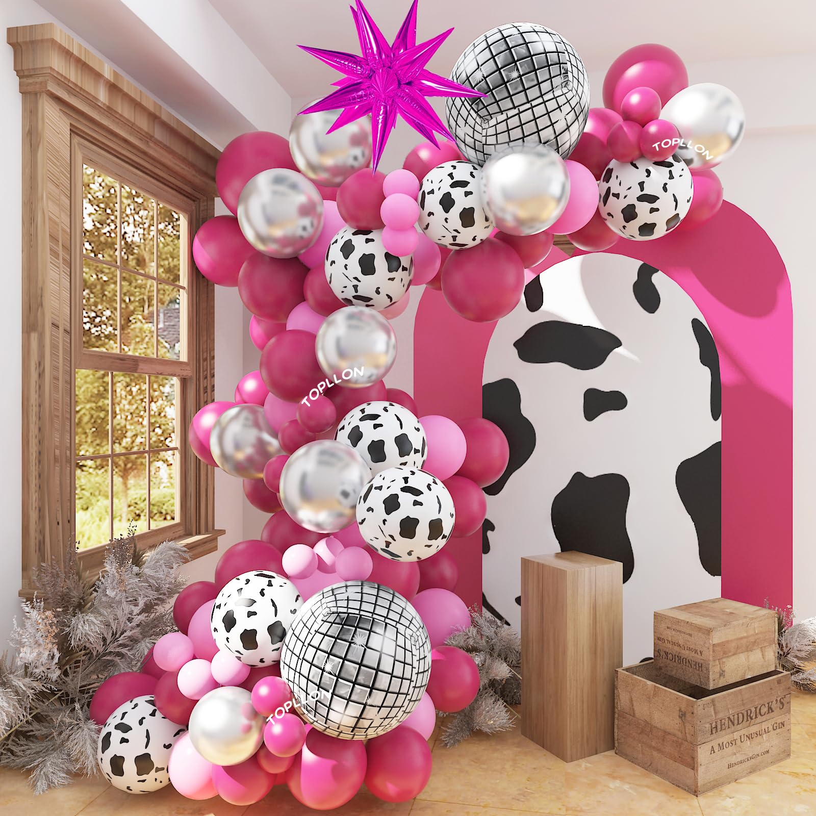 TOPLLON Disco Ball Balloons Arch Kit 8 Feet 10In Cow Print Balloons for Cowgirl Party Decorations with Starburst Foil Balloons for Bachelorette Western Party