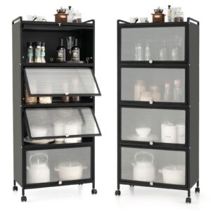 giantex 5-tier kitchen storage cabinet, mobile microwave stand with flip-up pc doors, freestanding kitchen bakers rack with 4 rolling casters, for dining room, living room and study, black