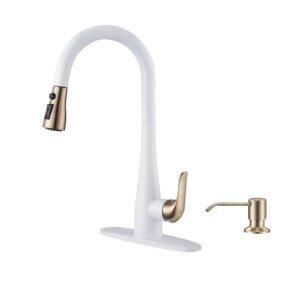 hghgk kitchen faucet with soap dispenser and pull down sprayer - stainless steel single handle kitchen sink faucet, 1 or 3 hole design for modern farmhouse kitchens, rv, and bar sinks (whit and gold)