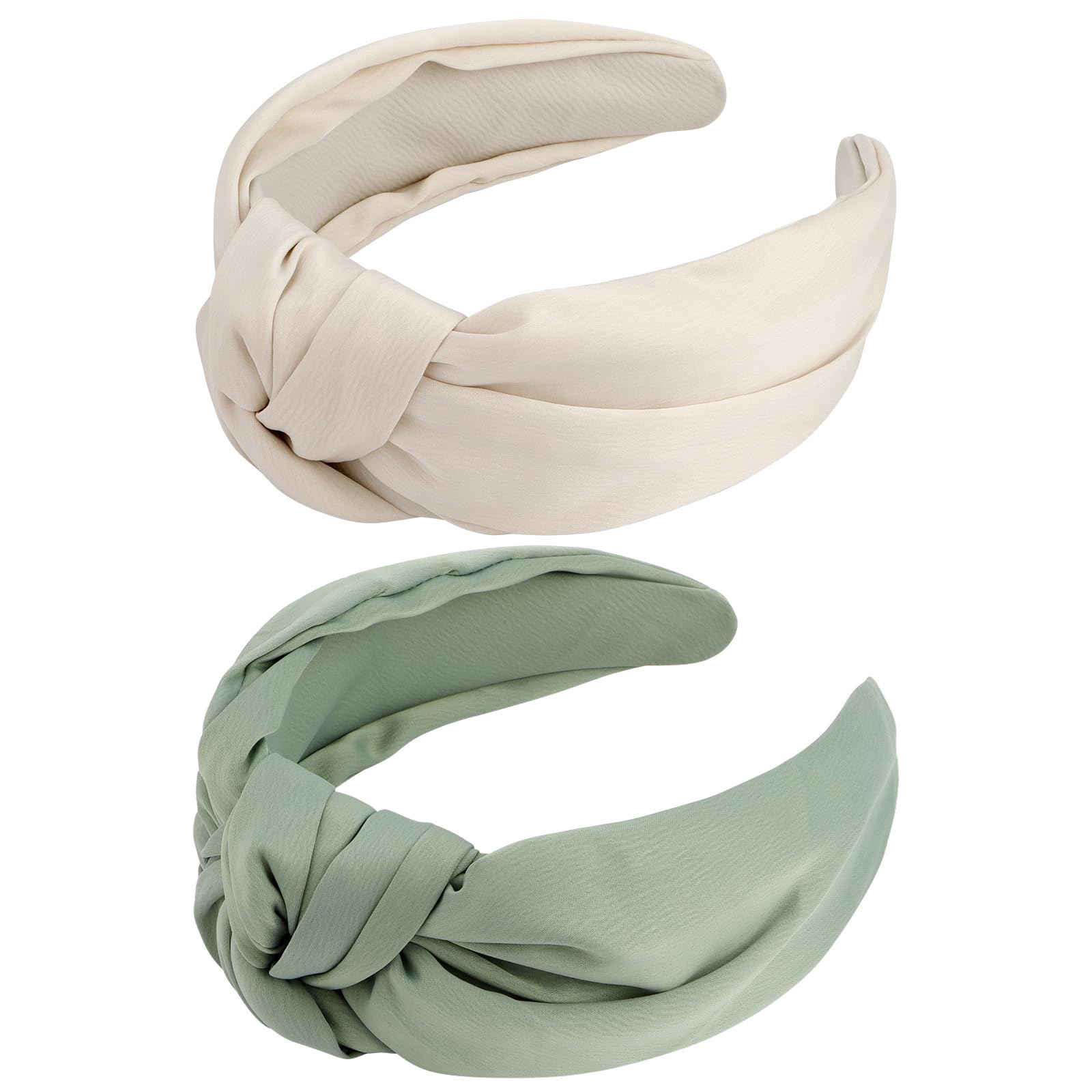 VELSCRUN 2 Pack White Green Wide Knotted Headbands for Women Satin Women Headband Non Slip Head Bands Silk Headband Elastic Turban Fashion Hair Band Hair Styling Accessories Womens Sisters Girls