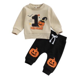 liomengzi baby boy halloween pants outfits long sleeve shirts pumpkin sweatshirt pants infant boys fall halloween clothes set (khaki, 3-6 months)