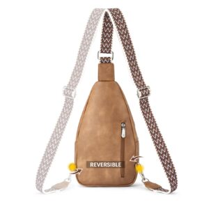 BOSTANTEN Sling Bag Cross Body Bag Trendy Leather Crossbody Purse Chest Bag with Adjustable Guitar Strap for Travel, Camel Brown