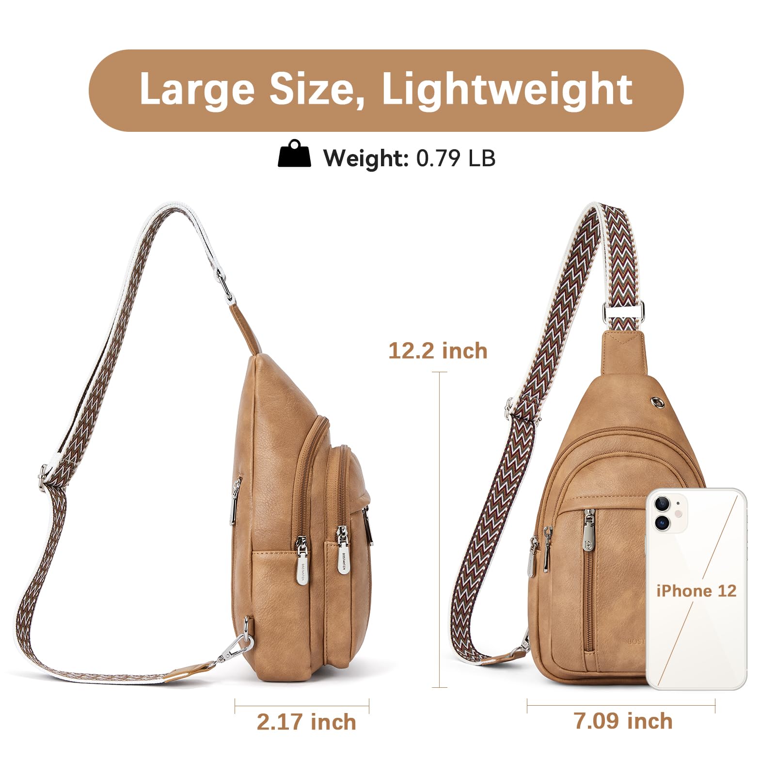 BOSTANTEN Sling Bag Cross Body Bag Trendy Leather Crossbody Purse Chest Bag with Adjustable Guitar Strap for Travel, Camel Brown