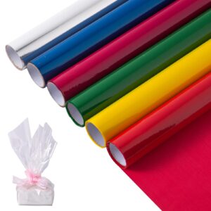 6rolls cellophane wrap roll (20’ ft. long x 16’’ in. wide) colored cellophane rolls for gift wrapping, contains golden, blue, purple, green, red & clear cellophane wrap roll, 2.3 mil thick (17inch w x