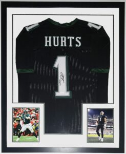 jalen hurts authentic signed philadelphia eagles jersey - beckett authentication services bas coa authenticated - professionally framed & touchdown photo 34x42