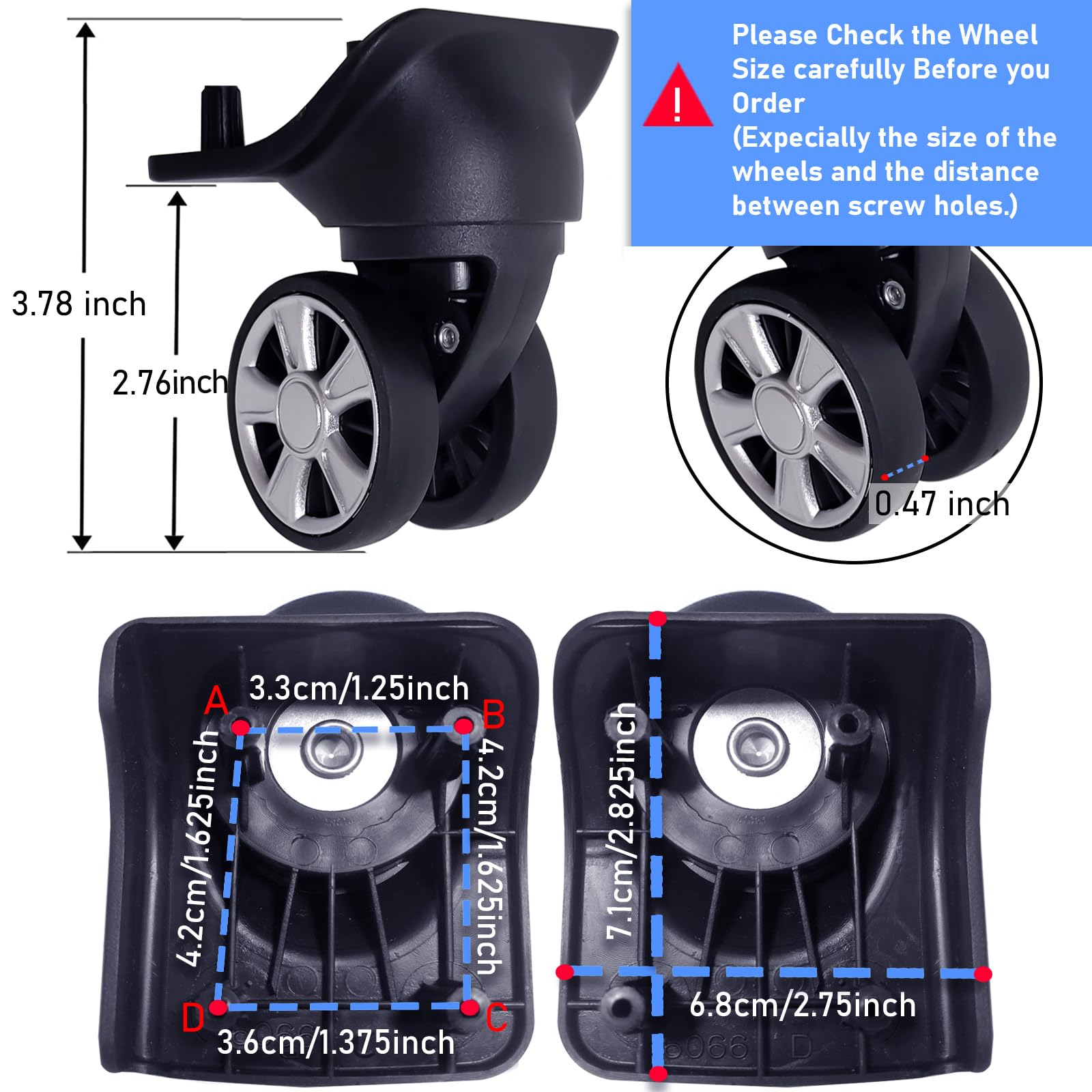 Replacement Luggage Wheels Repair Suitcase Bag Parts Spinner Wheels Casters Black A Pair 2 pcs