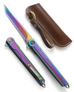 drachenader tanto folding knife for women and men, rainbow color slim gentleman's tanto balde pocket knife small mini edc knife for keychain